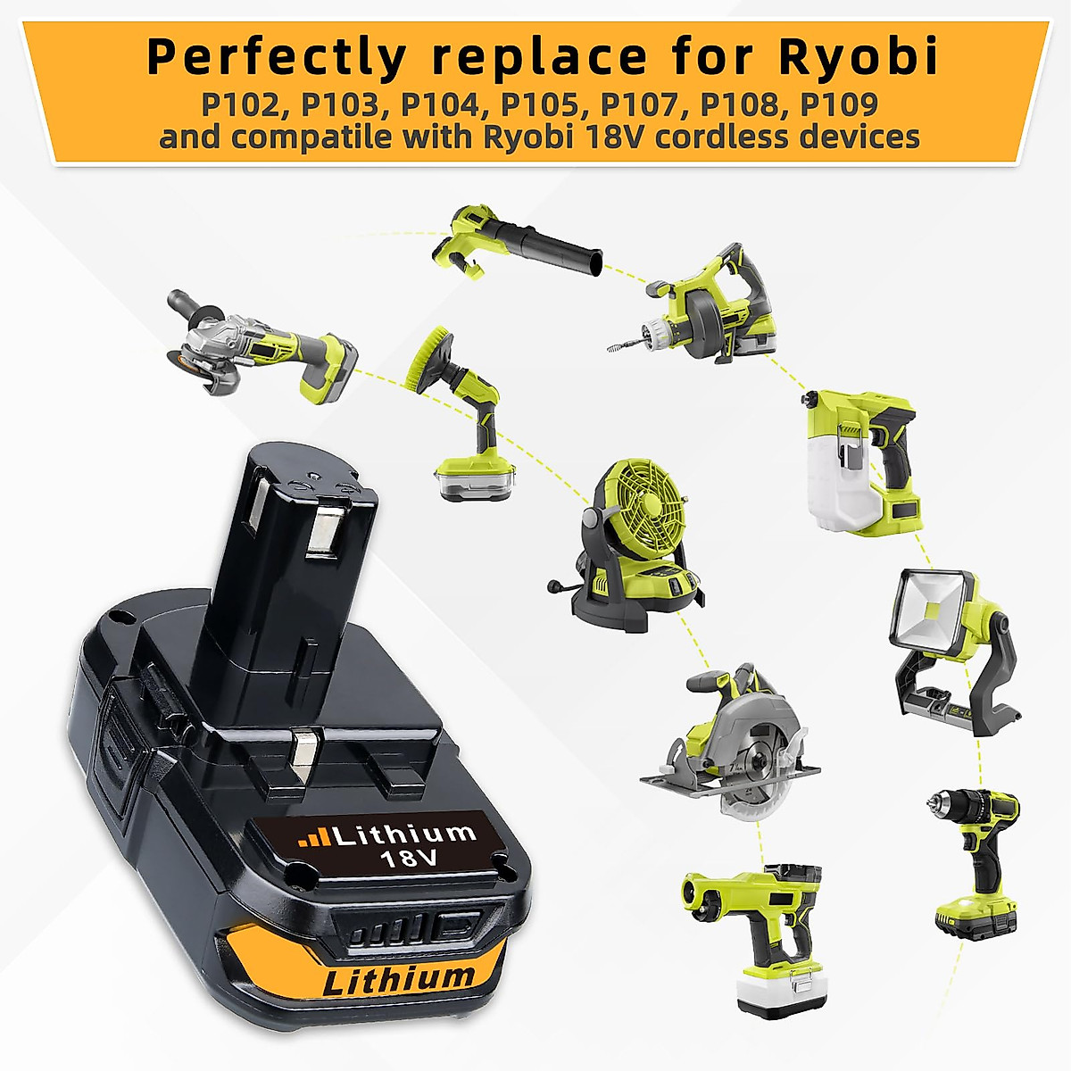 Masione 2Pack 3600mAh P102 Replacement for Ryobi 18V Battery Lithium ion ONE Plus P102 P103 P105 P107 P108 P109 P104 Compatible with Ryobi 18 Volt Cordless Tools Drill Weed Eater Edge Trimmer Battery