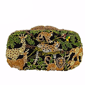 Forest Animal Pattern Style Crystal Clutch Purses for Women Formal Evening Bags (Green) Medium
