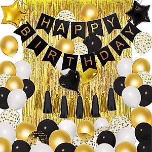 Amandir Birthday Decorations for Men Women, Black and Gold Balloons Party Decorations Happy Birthday Banner Tassels Metallic Fringe Curtains 30th 40th Birthday Graduation Decorations Supplies
