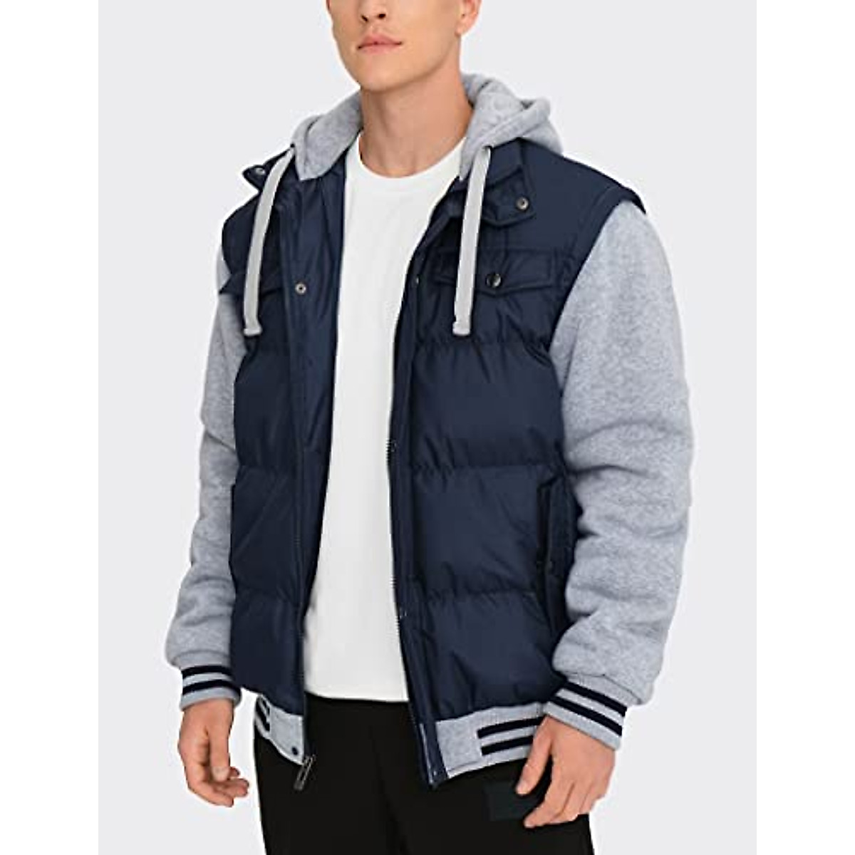 BEST SOUTH Men's Hooded Winter Coats Water Resistant Warm Thicken Insulated Full Zip Windproof Jackets with Pockets Blue Grey 4XL