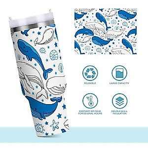 DIGTIA Stainless Steel Insulated Tumbler w/Handle & Straw, Blue White Whales Double Wall Vacuum Travel Coffee Mug Cup w/Lid, Leak-Proof Sports Ocean Water Bottle,30oz