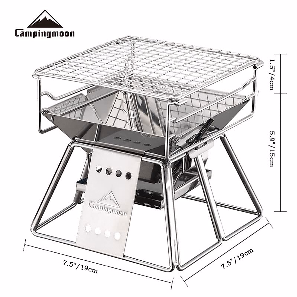 Campingmoon Foldable BBQ Grill, Portable Charcoal Grill, Stainless Steel Wood Burning Stove, Barbecue Cooking Stove for Outdoor/Garden/Camping/Picnic/Party (X-MINI)