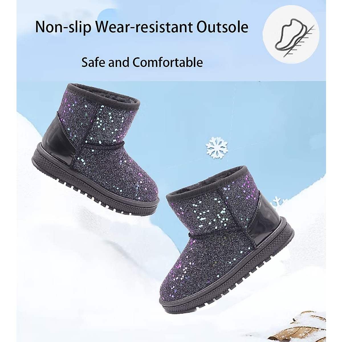 Sugmzox Girls Snow Boots Sequin Warm Winter Boots Comfort Durability Ankle Boots(Toddler/Little Kids) black size 9