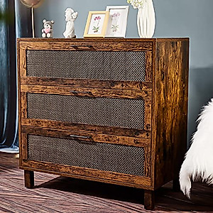 Graficial 3 Drawer Dresser, Dresser for Bedroom, Rattan Chest of Drawers, Rustic Brown Bedside Table Dressers