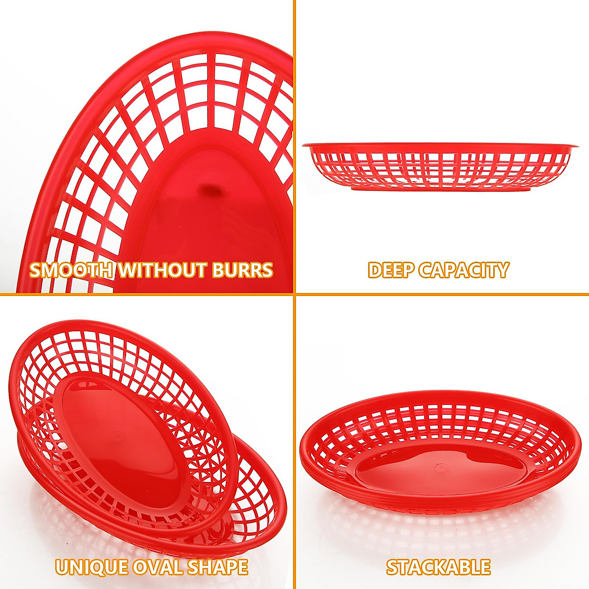 50 Pack Oval Fast Food Baskets, 8.7 x 5.5 Inch Red Plastic Food Baskets Restaurant Basket, Fast Food Storage Baskets for Burgers, Sandwiches, Fries at Party, Picnic, Home