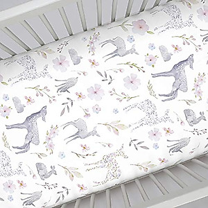 NoJo Super Soft Floral Deer Nursery Crib Fitted Sheet, Grey, Light Blue, Pink, White 1 Count (Pack of 1)