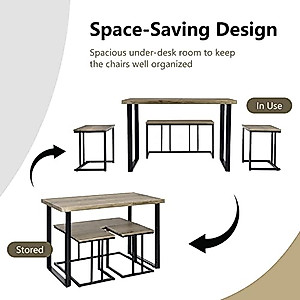 COSTWAY 4 Piece Dining Table Set, Modern Counter Height Kitchen Table Set for 4 w/Bench & 2 Stools, Sturdy Iron Structure, Space-Saving Dining Table and Chair Set for Home Pub Breakfast, Oak Grey