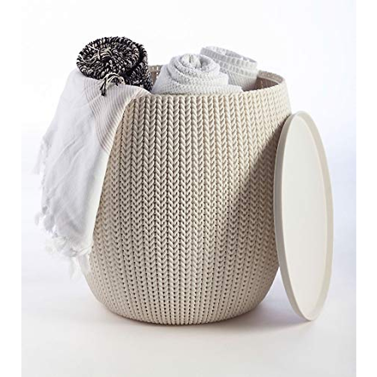 Keter Urban Knit Pouf Ottoman Set of 2 with Storage Table for Patio and Room Décor-Perfect for Balcony, Deck, and Outdoor Seating, Yellow & Gray