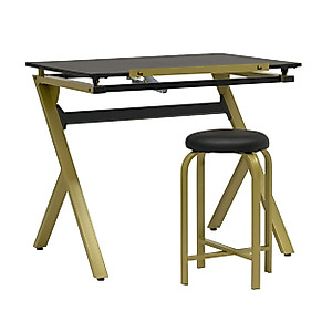 SD STUDIO DESIGNS Stellar 36" Wide Craft/Drawing Table with Adjustable Top and Padded Stool Set, Gold/Black