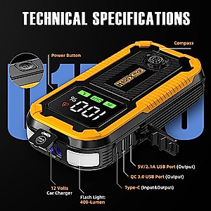 MegaXmar Car Battery Jump Starter -1500A Peak 12800mAh,Portable Car Jump Starter for Up to 7.5L Gas 6.0L Diesel Engine,12V Jump Starter Battery Pack with Smart Clamp Cables,LED Flashlight Jump Box