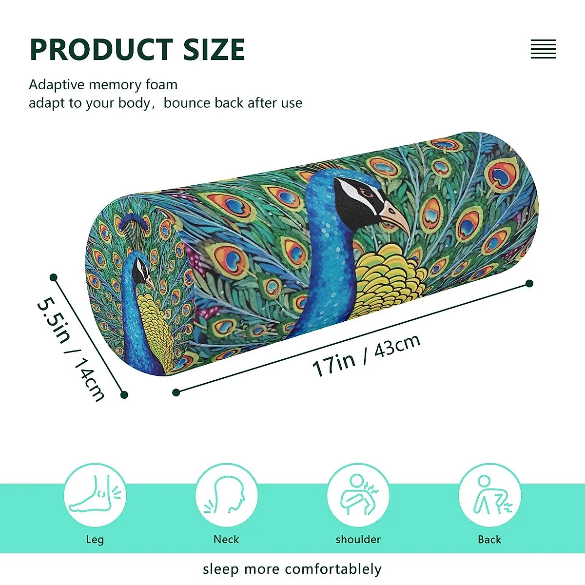 SDMKA Cute Peacock Cervical Neck Roll Pillow - Bolster Memory Foam Pillow for Neck Pain Relief, 5.5 x 17 Inch Cylinder Pillow, Perfect Sleeping Support