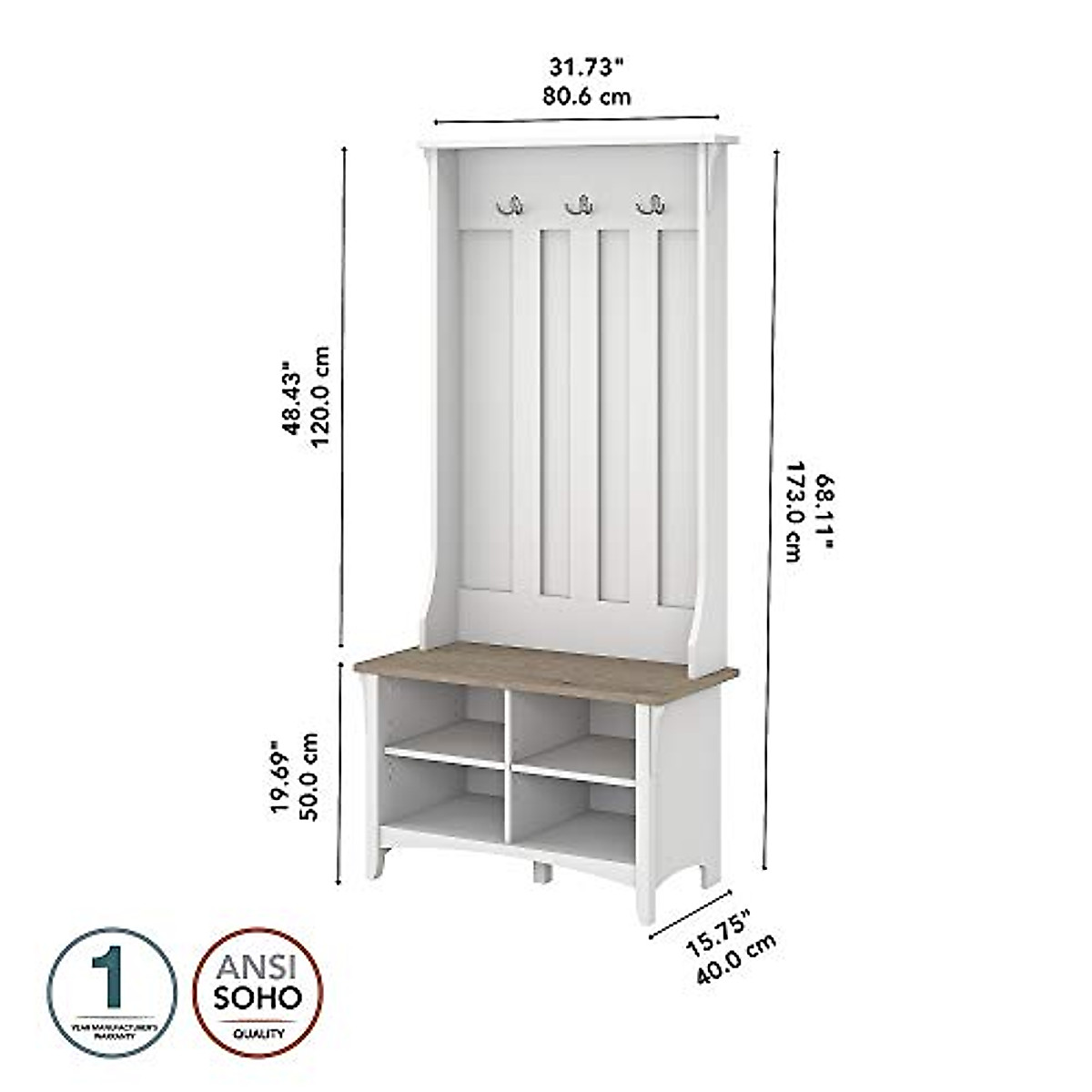 Bush Furniture Salinas Hall Tree with Shoe Storage Bench, Pure White and Shiplap Gray