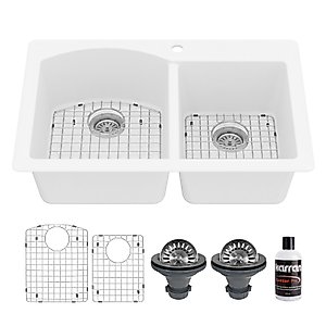 Karran QT-610 Drop-In Quartz Composite 33 in. 1-Hole 60/40 Double Bowl Kitchen Sink Kit in White