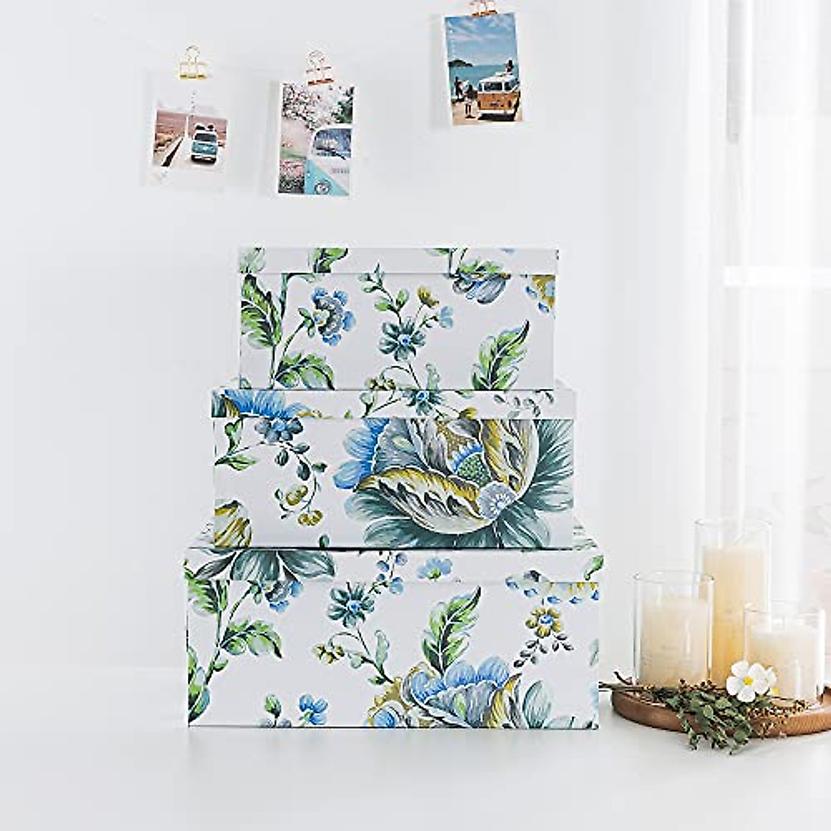Soul & Lane Breezy Bloom Floral Storage Boxes with Lid - Set of 3: Home Décor Memories Cartons, Nesting Decorative Photo Storage Containers, Flower Paperboard Keepsake Bins, Cardboard File Boxes