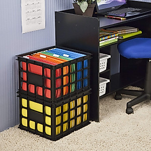 Sterilite Storage Crate, Stackable Plastic Bin with Handles, Organize Home, Garage, Office, School, Black, 6-Pack