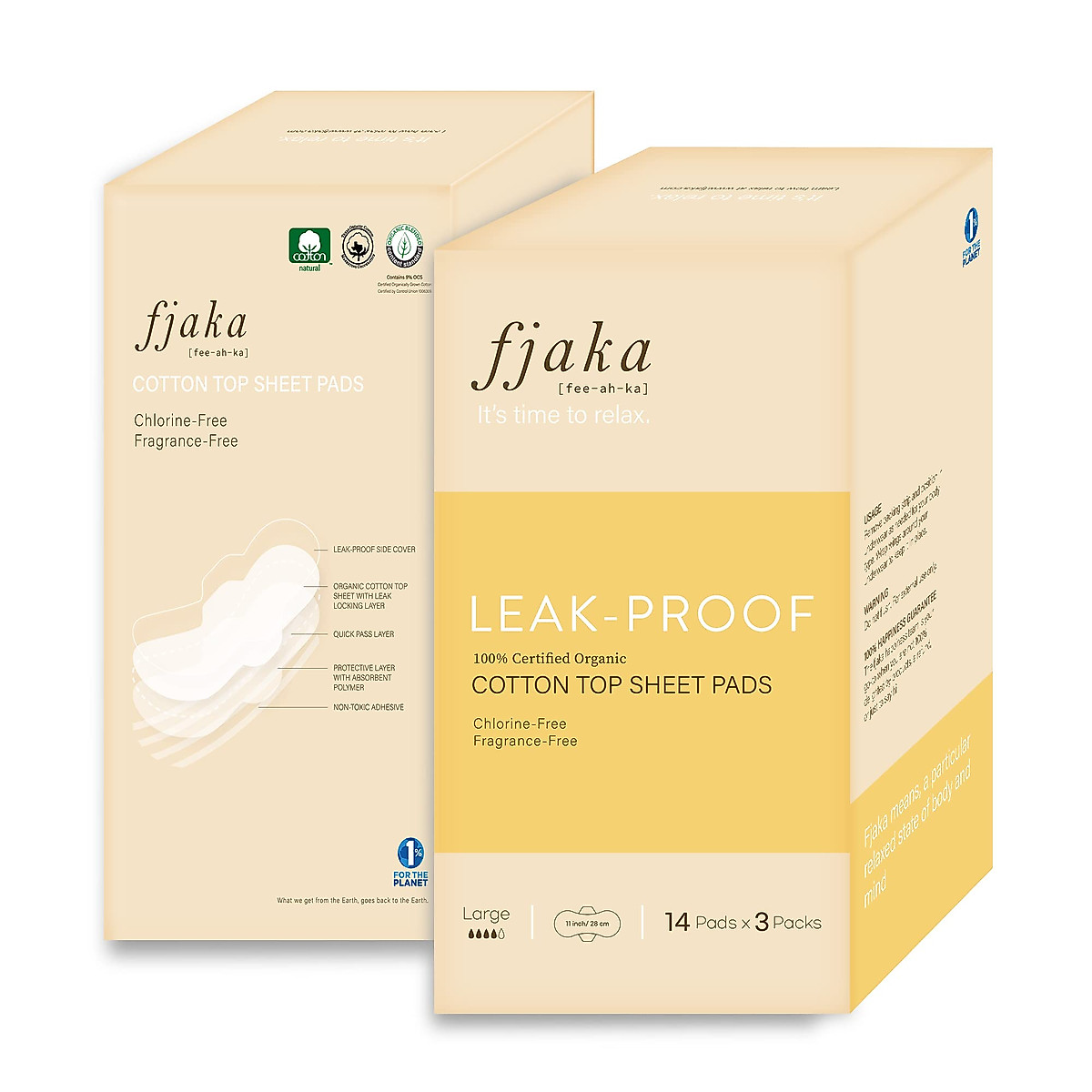 FJAKA USA [fee-ah-ka] Feminine Care Organic Cotton Cover Pads - Ultra Thin Sanitary Napkin Pads Heavy Absorbency, Unscented with Pad Wings for Women
