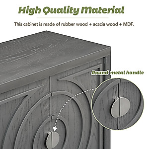 P PURLOVE Retro Accent Sideboard Cabinet with 4 Doors, Freestanding Storage Console Table with Circular Groove Design and Metal Door Handle, Wooden Sideboarddoor for Dining, Hallway (Gray)