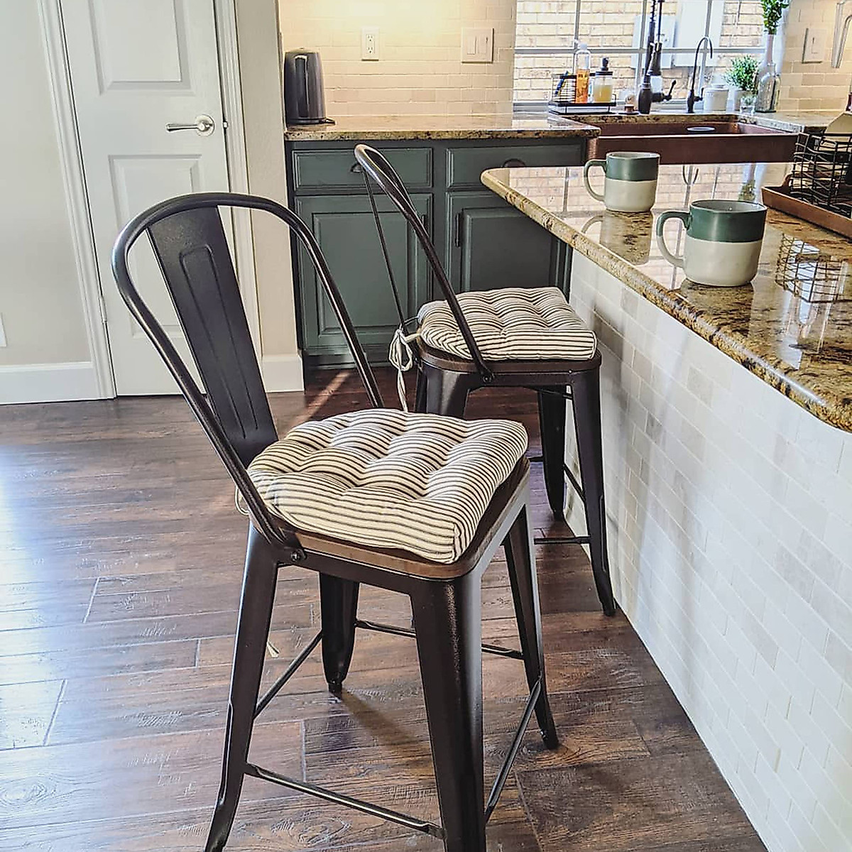 Barnett Home Decor Ticking Stripe Black - 14" Industrial Chair Cushion with Ties - Fits Most tolix Style Metal Chairs - Made in USA - Reversible - Machine Washable