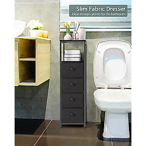 MOOACE Narrow Dresser Storage Tower, Slim Drawers Cabinet, Chest of 4 Fabric Drawers with Wood Shelf, Storage Dresser for Bedroom, Bathroom, Small Space, Closet, Laundry, Black