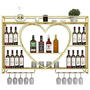 LITFAD Modern Wall Mounted Wine Rack Metal Wine Bottle & Glass Rack Iron Display Stand Wine Holder with Shelves - 1 Piece Gold Heart Shape