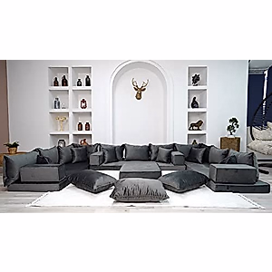 Anthracite Color U Shaped Velvet Floor Seating, Velvet Cushions, Floor Couches, Moroccan Livingroom Home Decor, Arabic Majlis, Sleeping Sofa (U Sofa + Ottoman + Pillows)