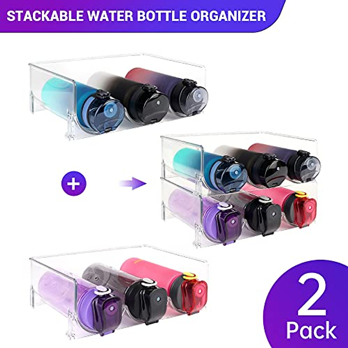 Stackable Water Bottle Organizer for Cabinet, Pantry, Freezer - Plastic Free-Standing Water Bottle and Wine Rack Storage Organizer for Kitchen Countertops, Fridge - Holds 3 Bottles Each (4 Pack)