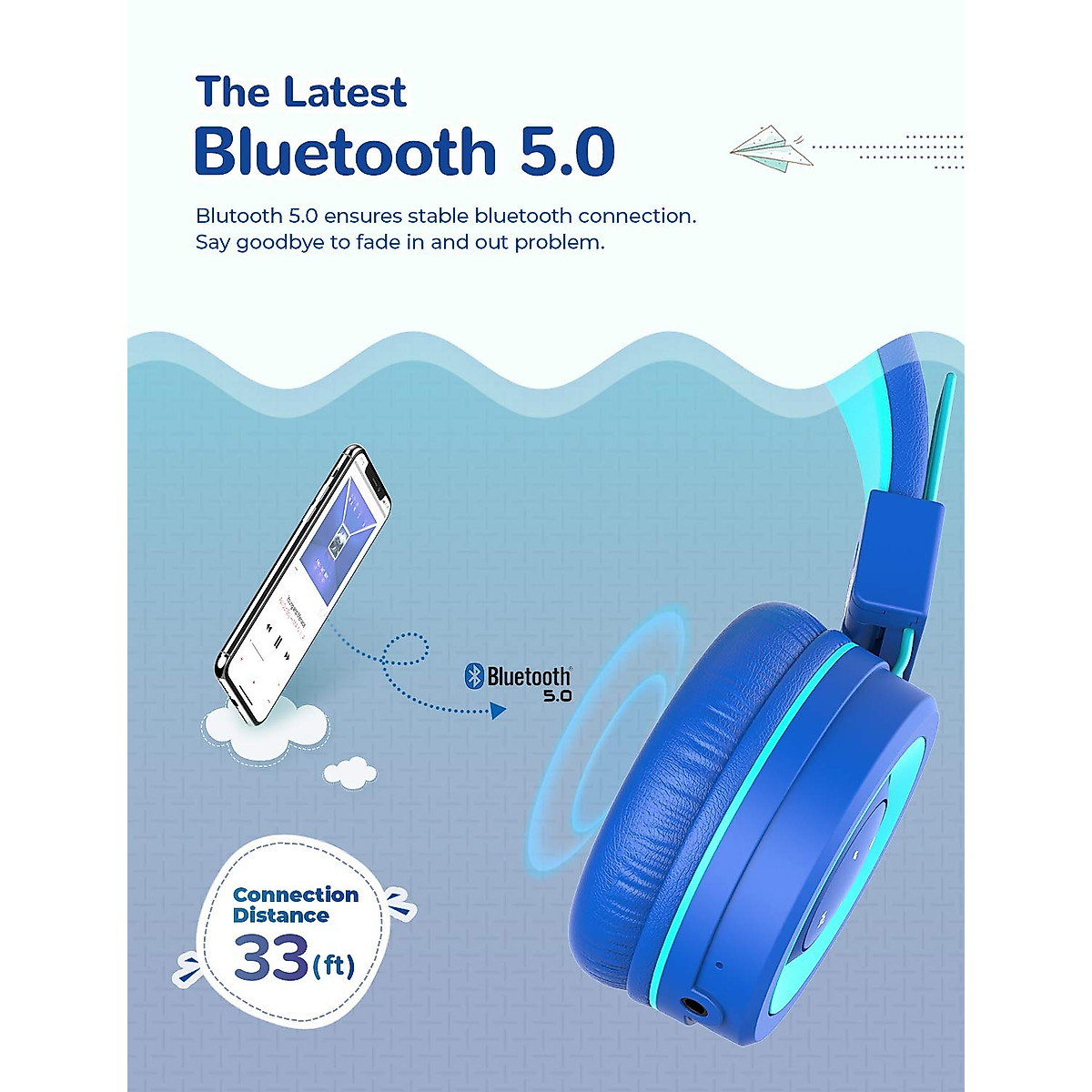 iClever Kids Bluetooth Headphones, BTH02 Kids Headphones with MIC, 22H Playtime, Bluetooth 5.0 & Stereo Sound, Foldable, Adjustable Headband, Childrens Headphones for iPad Tablet School (Blue)