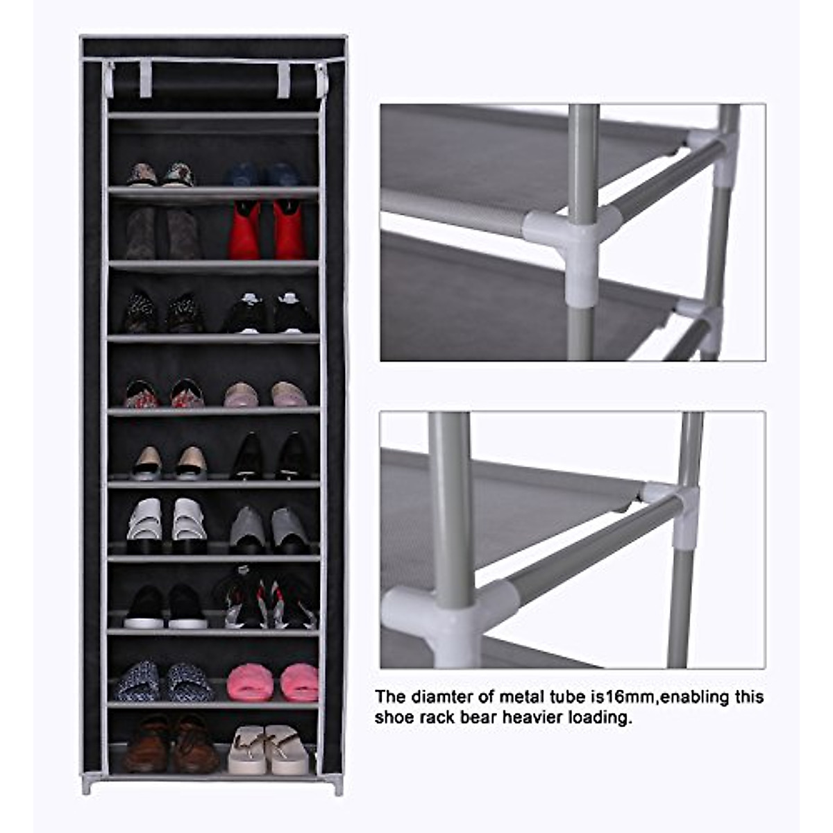 Homebi 10-Tier Shoe Rack 30 Pairs Shoe Tower Closet Shoes Storage Cabinet Portable Boot Organizer with Dustproof Non-Woven Fabric Cover and 10 Durable Shelves (Black) (Black)
