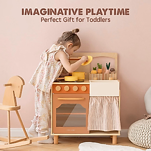 Tiny Land Play Kitchen Set, Toddler Kitchen with Cutting Food Set, Wooden Kitchen Sets for Kids, Farm Style Toy Kitchen Playset, Best Gift for Girls and Boys