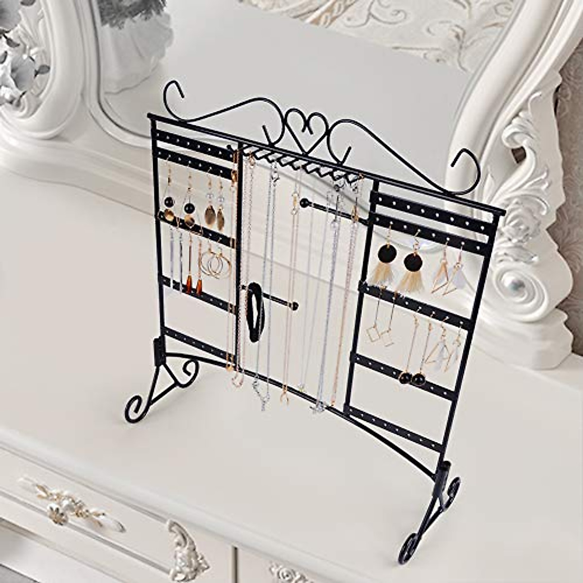 ComCreate Jewelry Organizer Stand with Removable Foot Large Capacity Jewelry Stand with 80 Holes/10 Hooks and 2 Crossbars