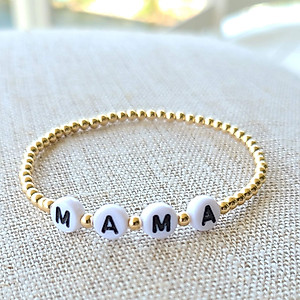 Anela Mama White Beaded Bracelet, 14kt Gold Filled Beaded, Stretch and Stackable, Hand Made in USA