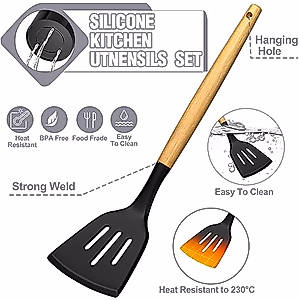 Kitchen Utensils Set- 34PCS Silicone Cooking Utensils with Holder, Umite Chef Heat Resistant Kitchen Utensil Spatula Set for Nonstick Cookware, Black Wooden Handles Kitchen Gadgets Tools Set