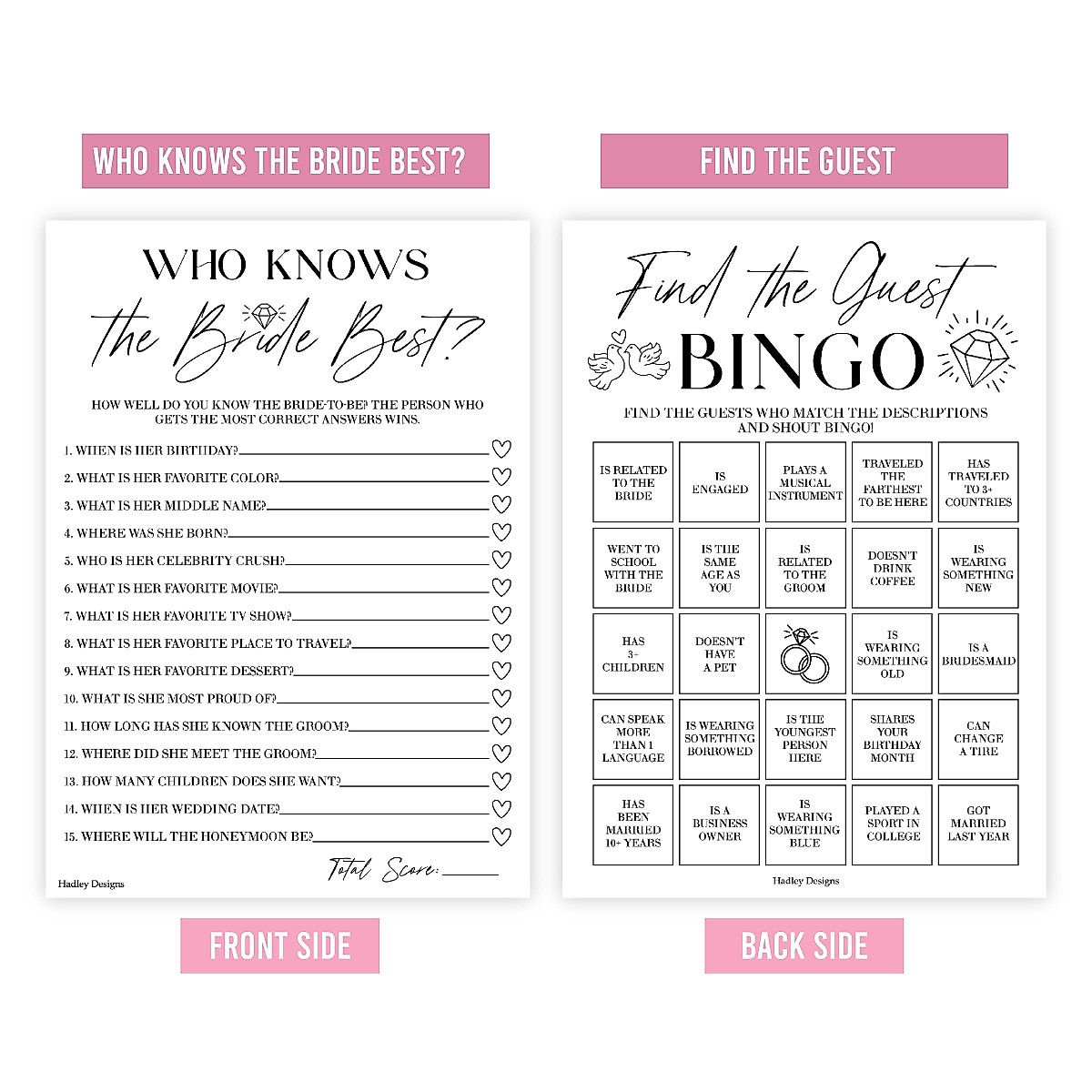 Hadley Designs 40 Minimalist Funny Bridal Shower Games 20 Guests - Wedding Games for Guests, Couples Wedding Shower Games for Couples, Games for Bridal Shower Bingo Game, Bridal Party Games