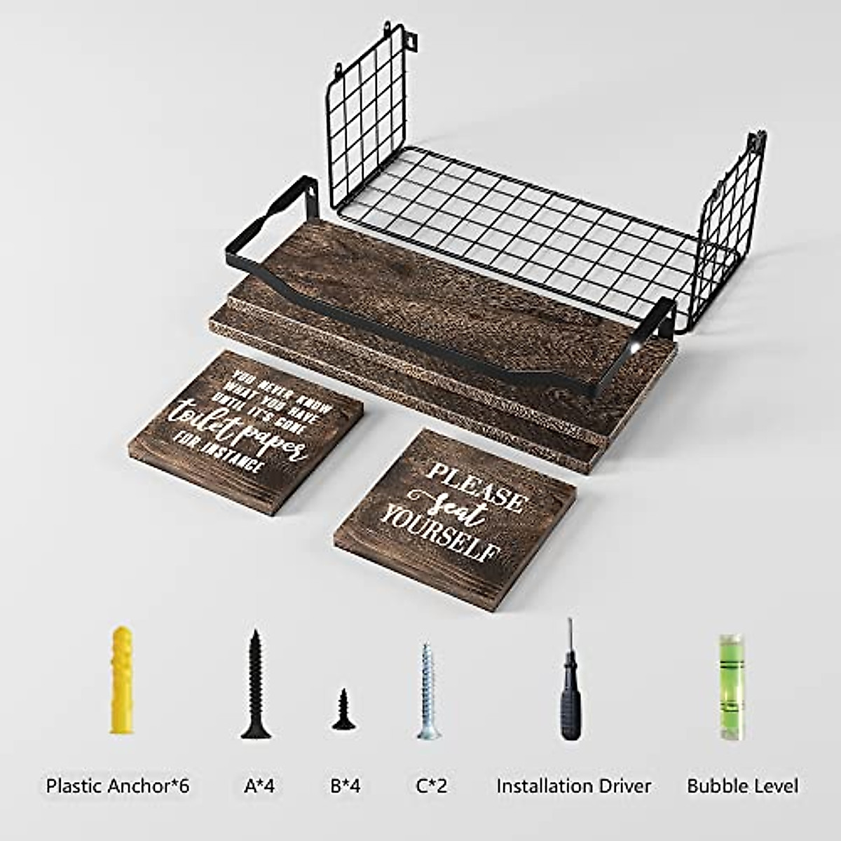 Floating Shelves with 2 Bathroom Wall Décor Sign, Bathroom Decor Sets Bathroom Wall Shelves Over Toilet with Paper Storage Basket, Wood Shelves for Wall Decor with Guardrail-Paulownia