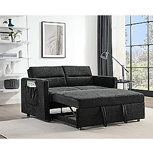 Polibi 54.5'' Modern Convertible Sleeper Sofa Bed with Two Arm Pockets, Chenille Fabric Sofa w/Pull-Out Loveseat Sofa Couch and Adjustable Back for Living Room (Black)