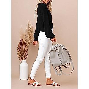 Pink Queen Women's 2023 Fashion V Neck Collared Crop Sweaters Casual Loose Lantern Long Sleeve Half Zip Slouchy Ribbed Knit Jumper Tops Black L