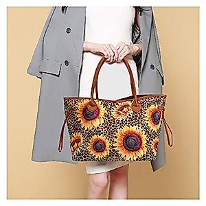 JIU HONG CHAO Large Tote Bag for Women Sunflower Purse Leopard Print Handbag Canvas Beach Bag Lightweigh Tote with Faux Leather Handle Cheetah Gifts for Women…