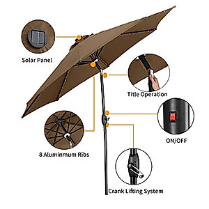 Klismos 10 FT Patio Umbrella with Lights Outdoor Table Market Umbrella with Tilt & Crank,8 Sturdy Ribs (Coffee)
