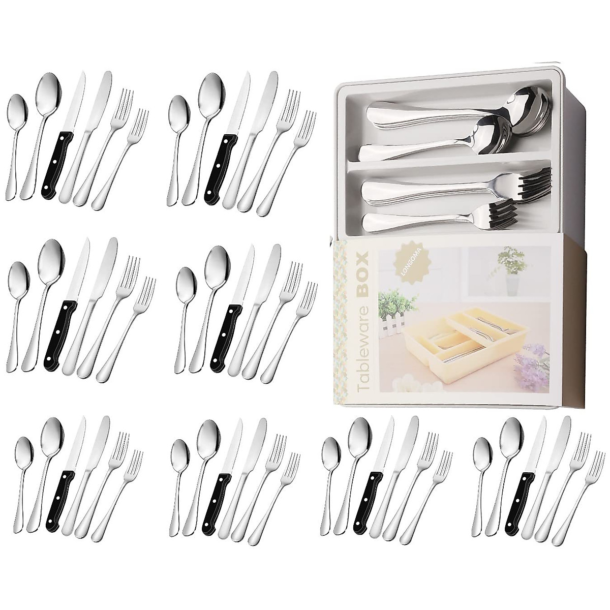 50PCS Silverware Set with Organizer, Silverware Drawer Organizers Durable Stainless Steel Flatware Set for 8 Cutlery Forks Spoons Steak Knives Kitchen Utensils Tray, Mirror Polished Dishwasher Safe