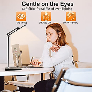 LED Desk Lamps for Home Office - Dimmable Desk Lamp with USB Charging Port, Desk Light with Wireless Charger, Eye-Caring Office Lamp for Desk Reading, Auto Timer, Touch Control Study Lamps for Dorm