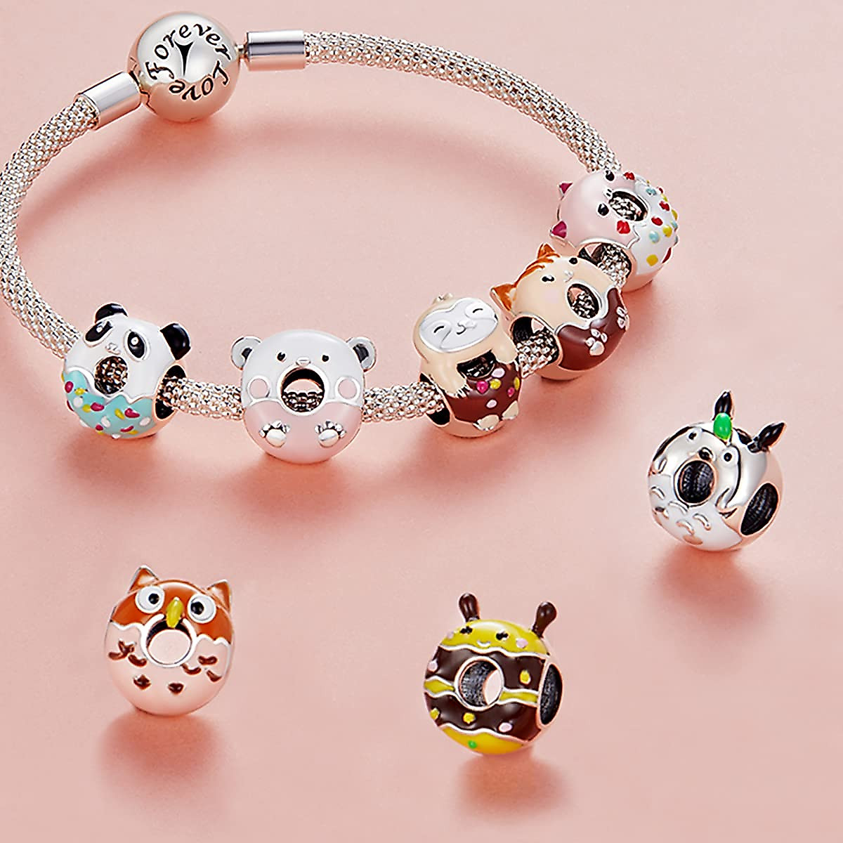 Junyi Jewelry 925 Sterling Silver Donut Charm Pig Charm Owl Charm Mouse Charm Bear Charm Bee Charm Panda Charm Cat Charm for Pandora Charm Bracelet (Sloth)