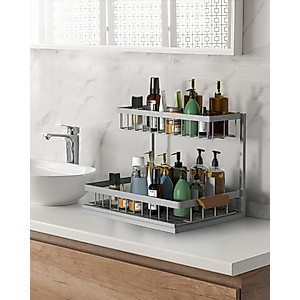 2 Pack Under Sink Organizer,Metal Pull Out Kitchen Cabinet Organizer with Sliding Drawer,Sturdy Multi-functional for Bathroom Organization,Silver