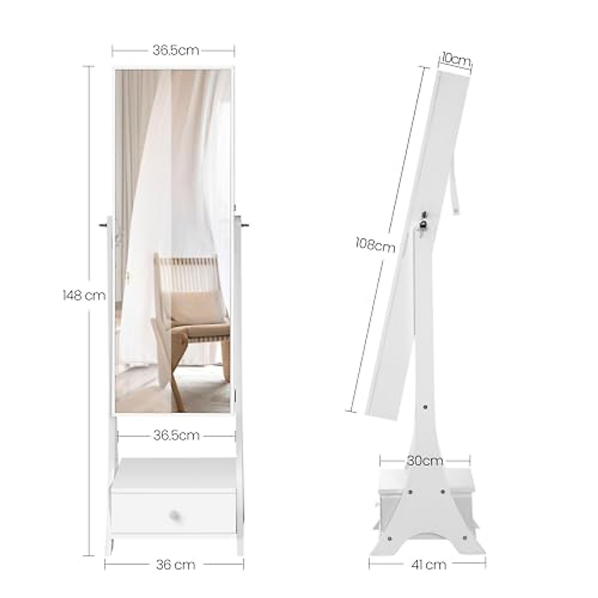 Hzuaneri 8 LEDs Jewelry Cabinet, 42.5" Tall Frameless Mirror Jewelry Armoire, Freestanding Makeup Jewelry Storage with 1 Drawer, 5 Shelves, Jewelry Organizer, White and Black JC14803B