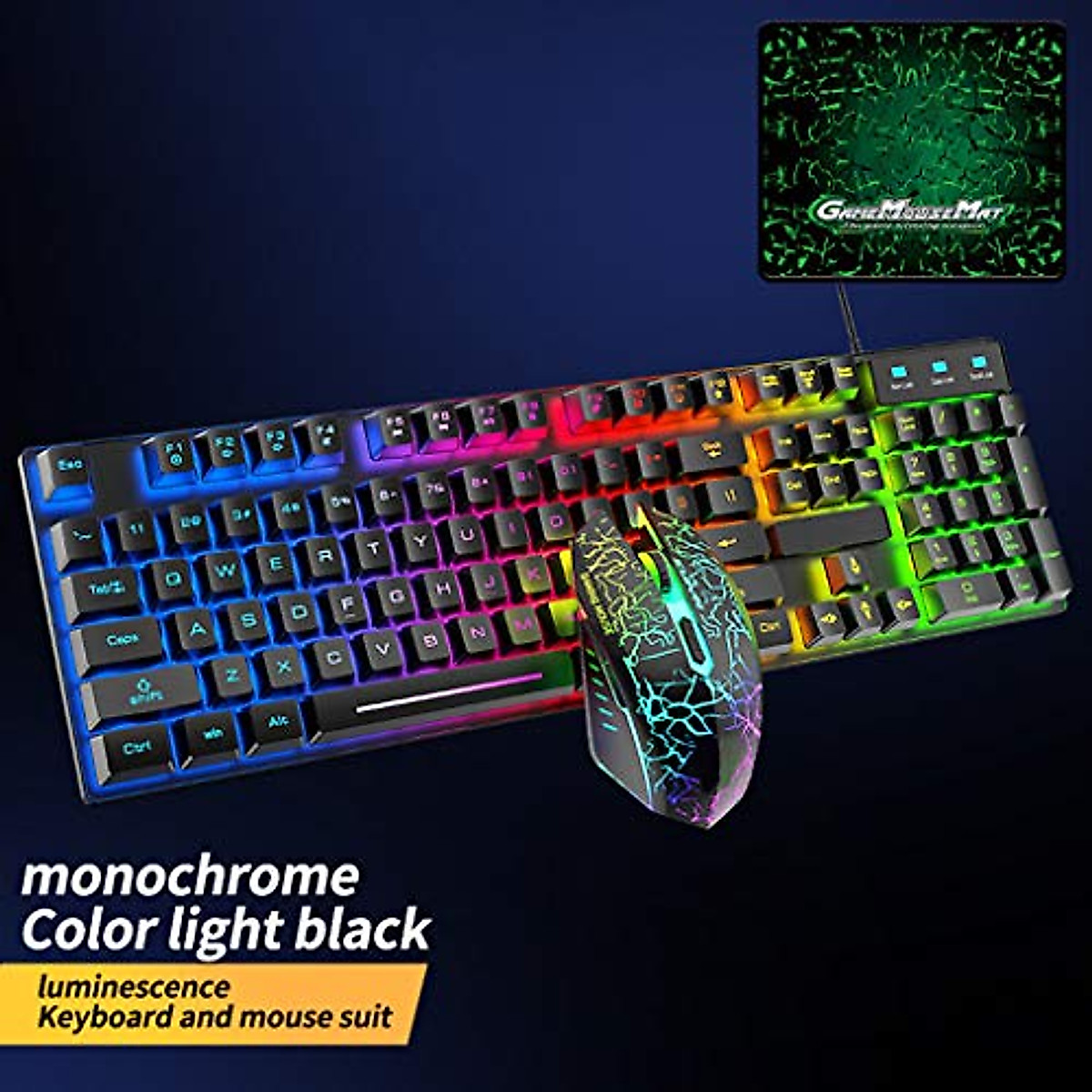 MAOSUO T6RGB Luminous Wired Gaming Keyboard and Mouse Set with Large Mouse Pad USB Colorful Backlit Easy-to-Operate Mechanical Feel Keyboard Accessories Kit for Laptop Computer Gamer Work