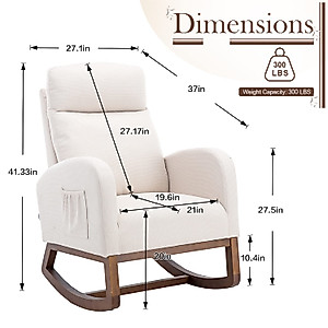 Antetek Modern Accent Rocking Chair, Upholstered Nursery Glider Rocker for Baby, Comfy Armchair with Side Pocket, Living Room Lounge Arm Chair, High Backrest with Headrest Shape Design (Light Beige)