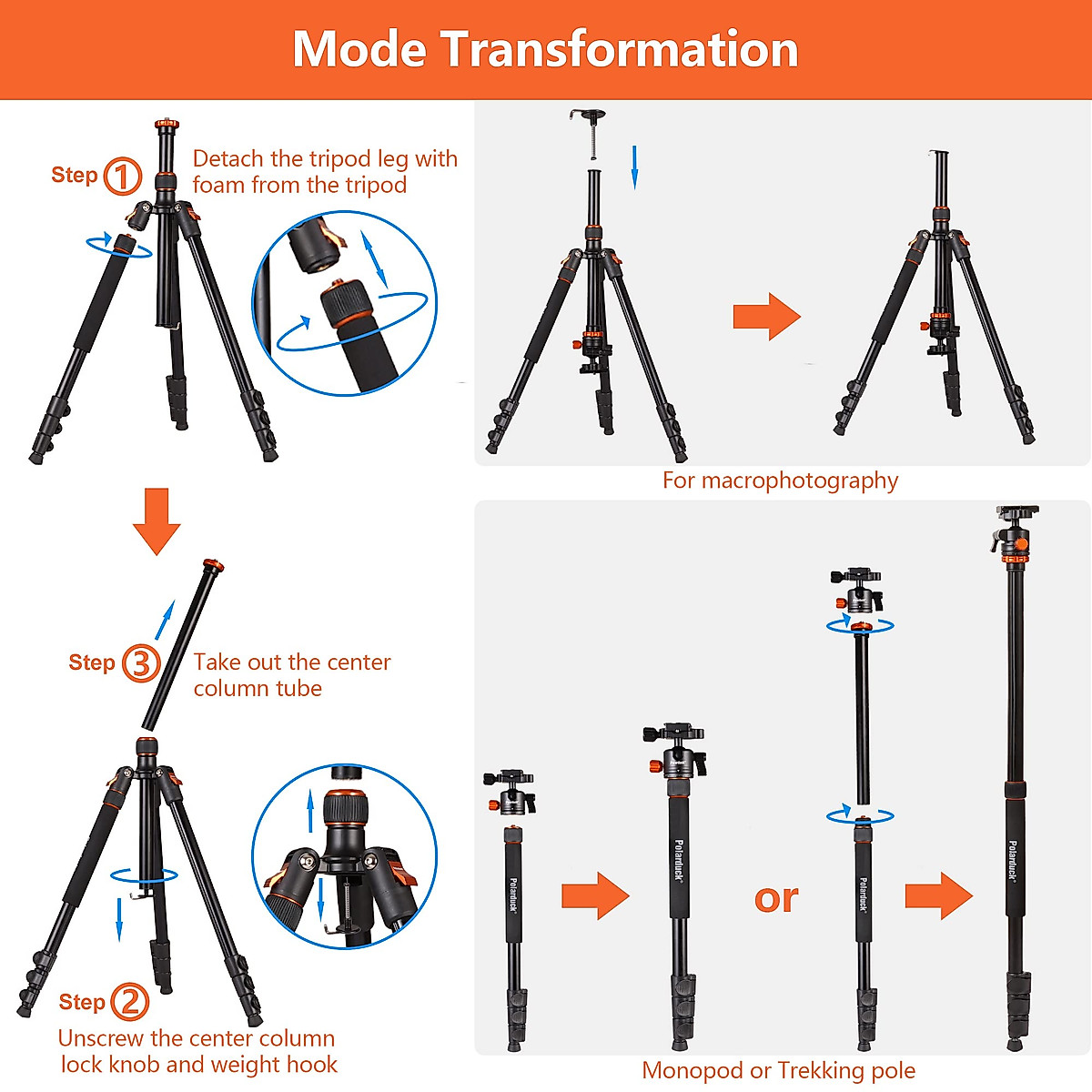 Polarduck Camera Tripod Monopod Phone Stand: 65" Professional DSLR Tripod for iPhone with Phone Mount & Travel Bag Compatible with Canon Nikon Sony Cameras Cell Phone Projector Webcam | 22lbs Load
