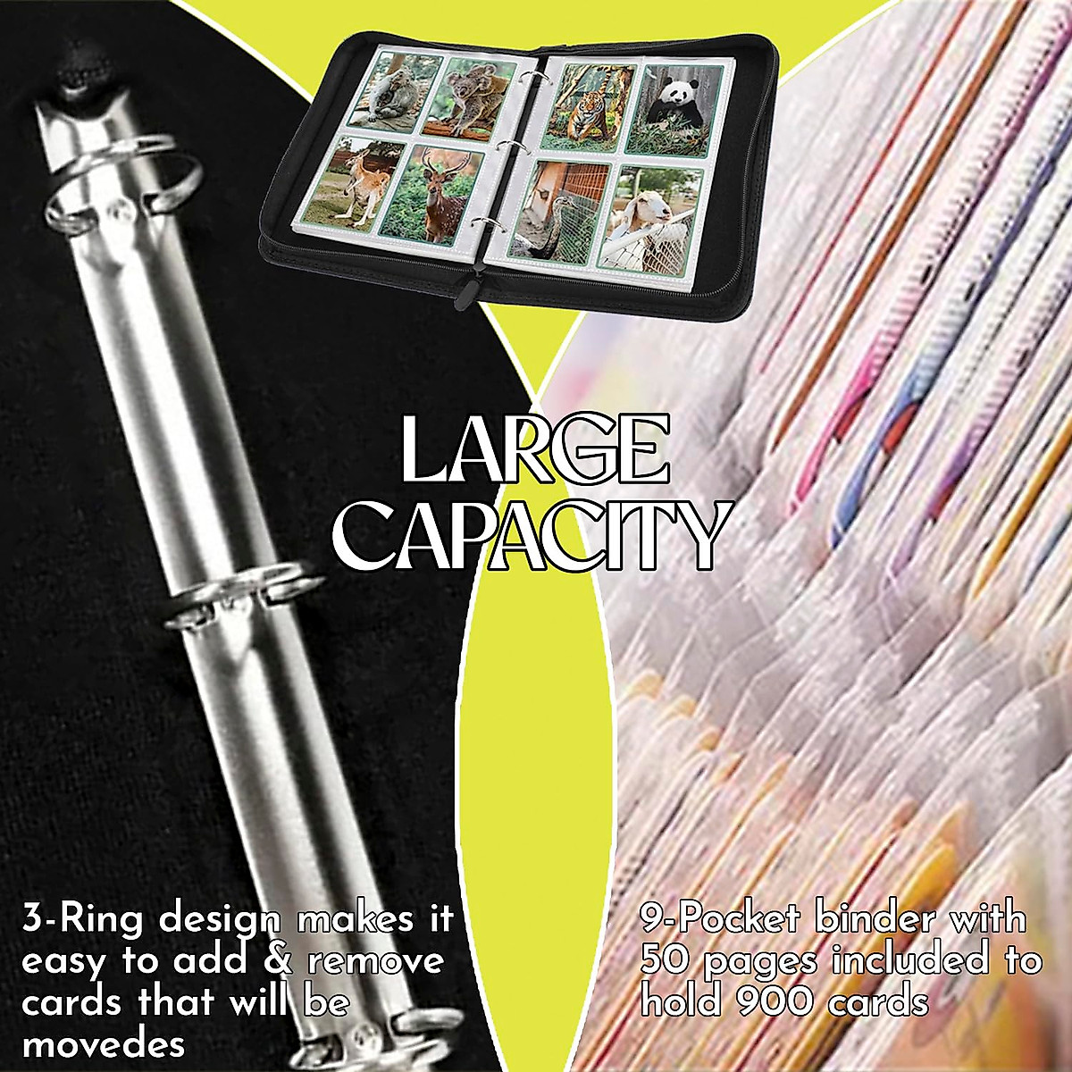 Card Binder 9 Pocket, Trading Card Holder Fits 900 Cards. Trading Card Album Folder with Zipper for Sports, Game Card Case.