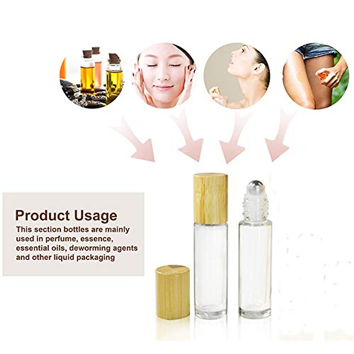 6 Count 10ml Bamboo Roll On Bottle For Essential Oils,Clear Glass Bottle With Natural Bamboo Lid,Portable Massage Stainless Steel Roller Ball Glass Vial Aromatherapy travel Perfumes Bottles
