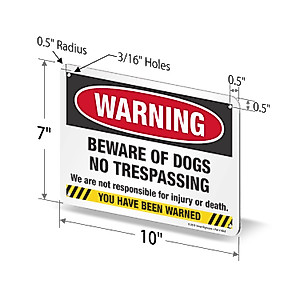 SmartSign (Pack of 4) 7 x 10 inch “Warning - Beware Of Dogs, No Trespassing, Not Responsible For Injury Or Death” Metal Sign, 40 mil Laminated Rustproof Aluminum, Red, Black,Yellow and White, USA-Made