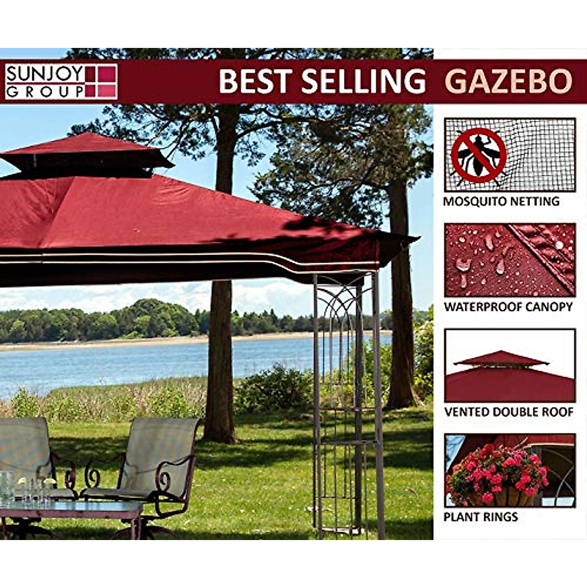 Sunjoy Expand Your Outdoor Living Space with a 10 x 12 Regency II Patio Gazebo with Mosquito Netting in Maroon
